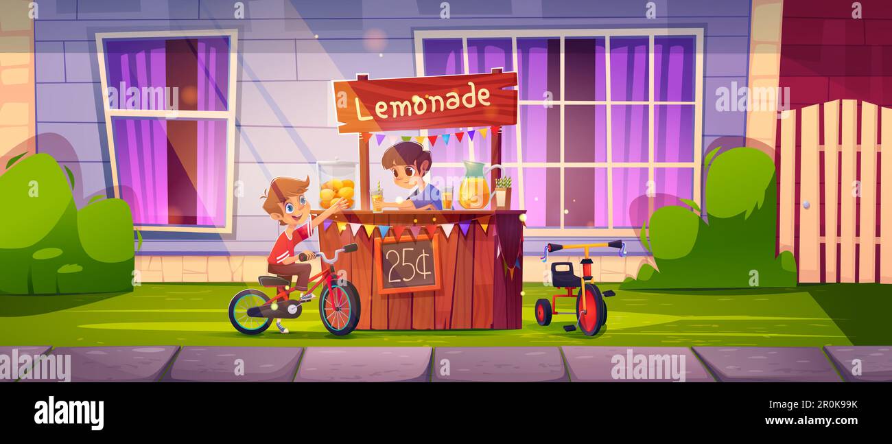 Lemonade sale stand with kid and bicycle cartoon vector illustration ...