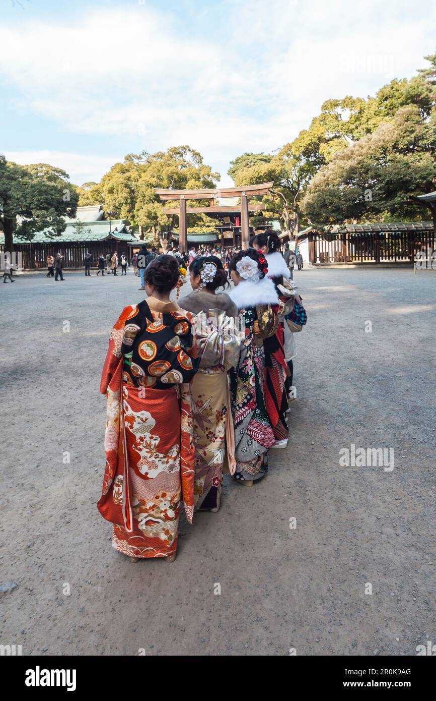 Four young Japanese Women wearing traditional kimono on Seijin-no-hi in ...