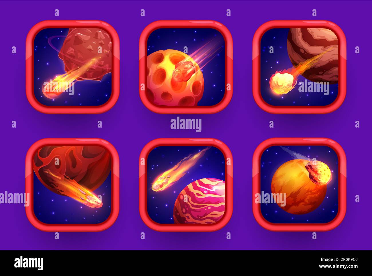 Cartoon space game app icons, red planets and fire comets in rounded ...