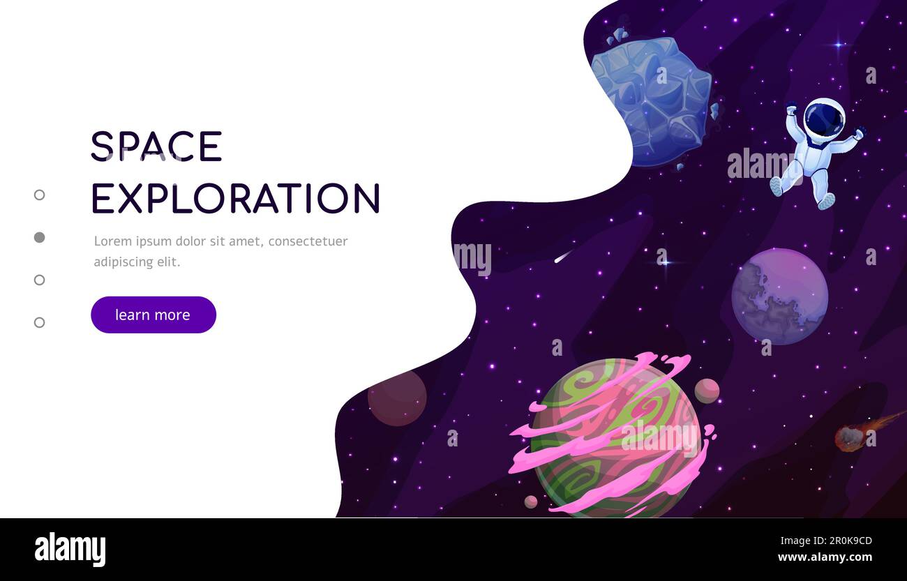 Space landing page, cartoon astronaut in outer space with fantasy ...