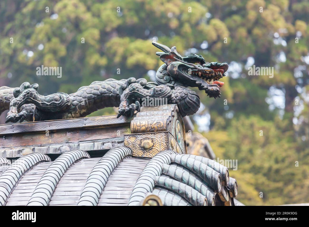 Close-up of dragon shaped sculpture on roof at Toshogu-Shrine, Nikko ...