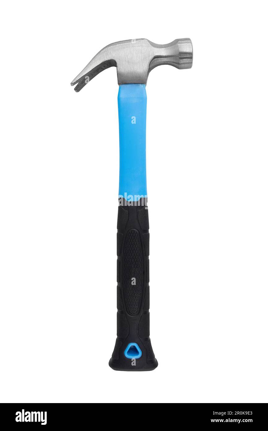 Steel claw hammer with a black and blue handle isolated on a white ...