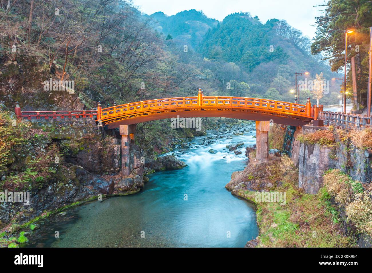 Wooden red bridge named Shinkyo over river Daiya in Nikko, Tochigi ...