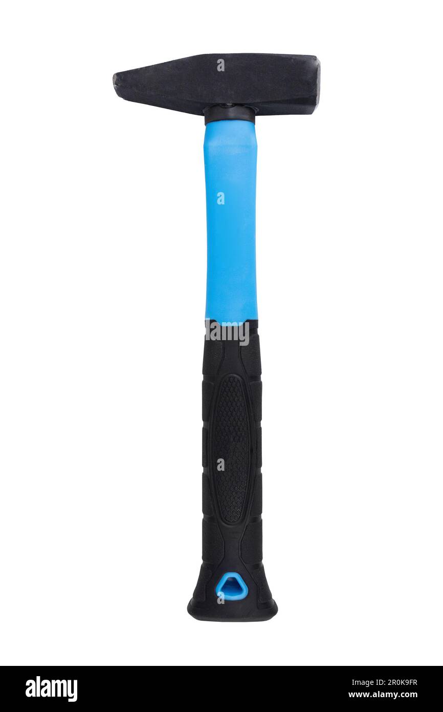Hammer with a black and blue handle isolated on a white background ...