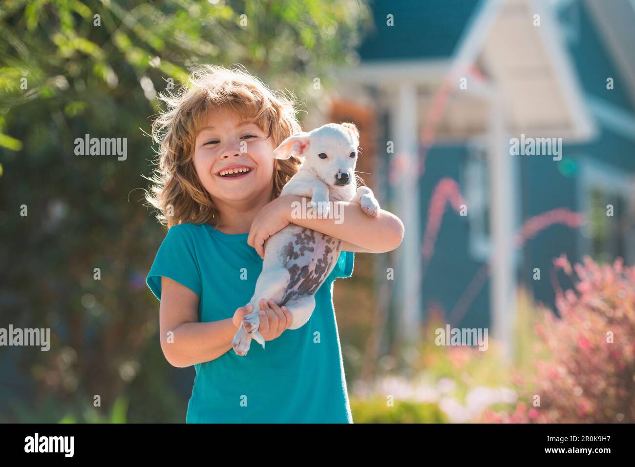 Cute kid hug puppy. Happy child walk with a dog outdoor Stock Photo - Alamy