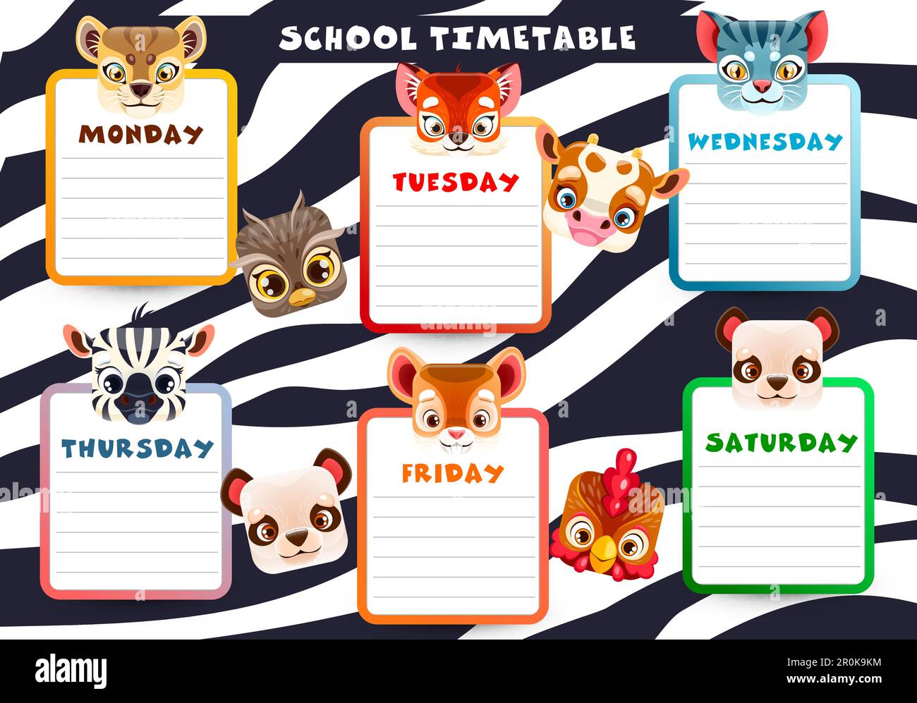 Education timetable with square animal faces, school classes weekly ...