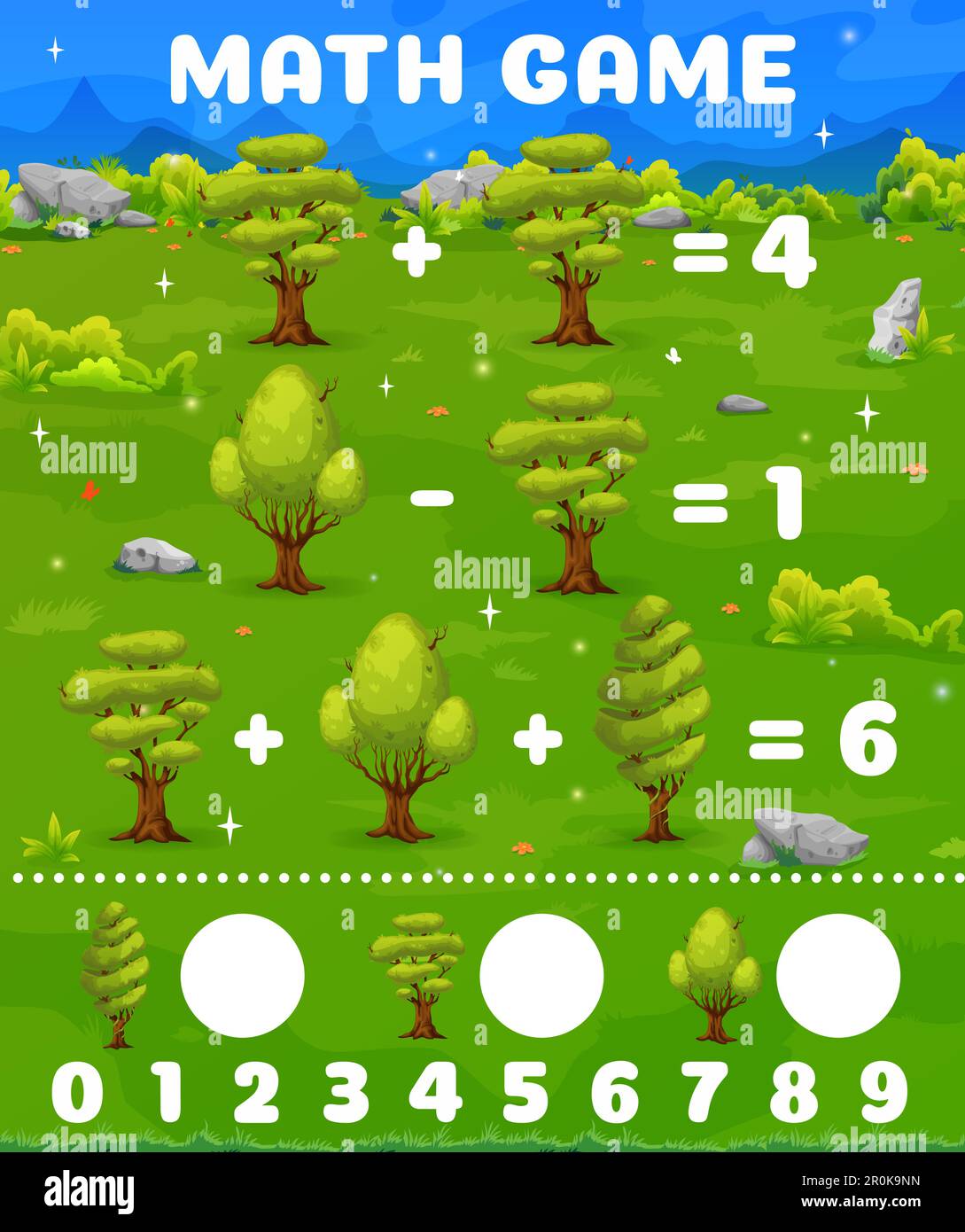 Cartoon forest trees, summer landscape, math game worksheet. Vector ...