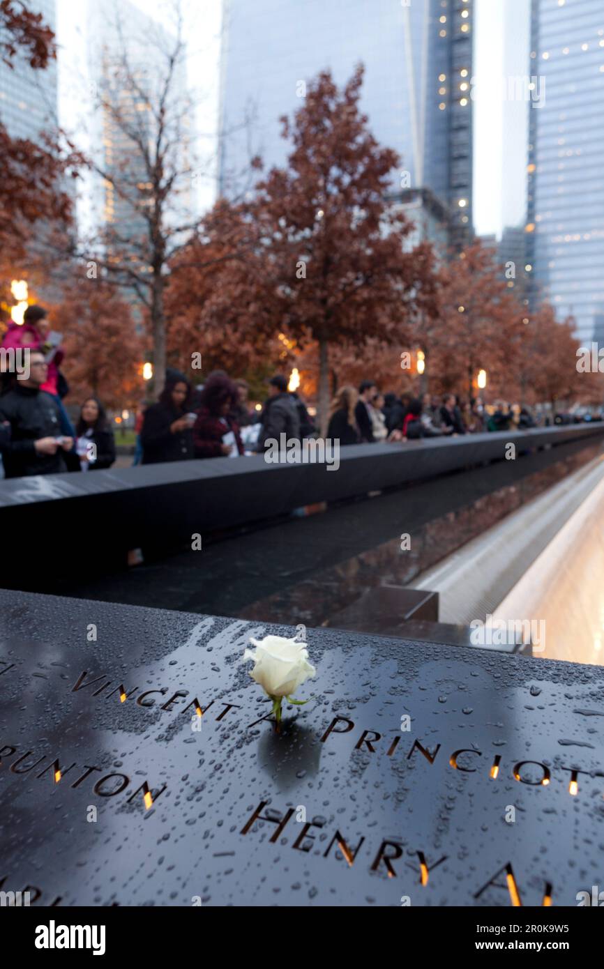 Engraved names of the victims of 9/11, World Trade Center Memorial, New ...