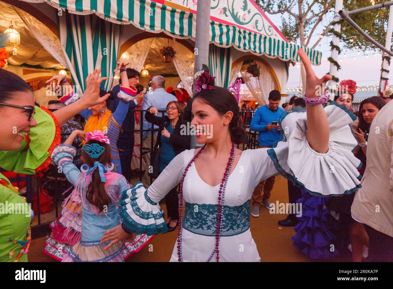 Sevillana, girls dancing at the Feria de Abril, Seville Fair, spring ...