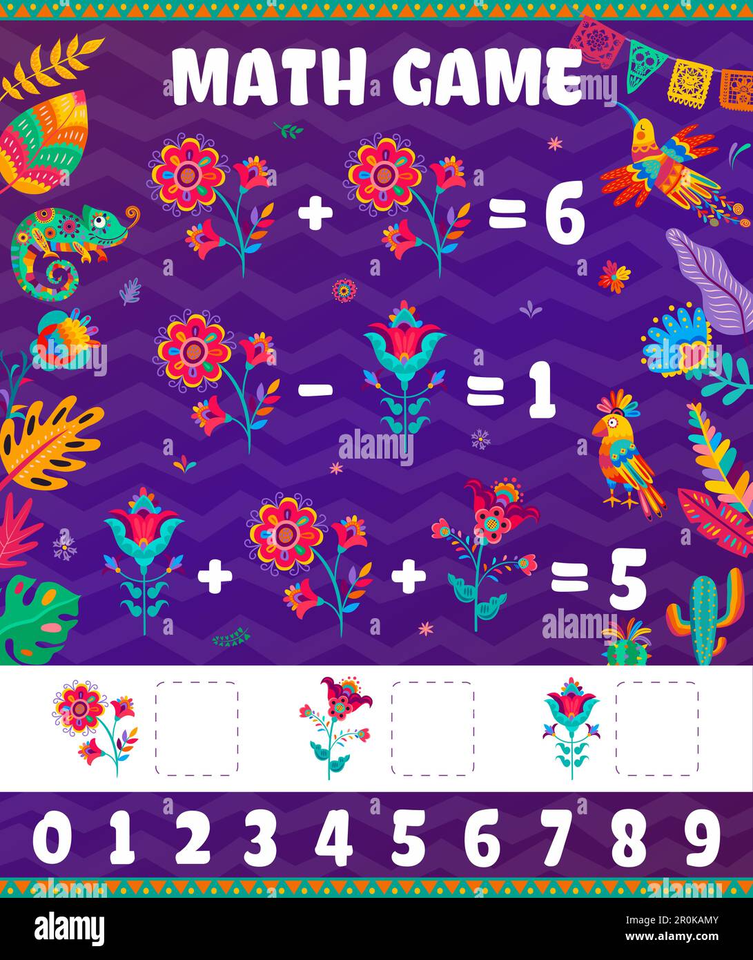 Cartoon Mexican parrot, chameleon lizard, flowers and hummingbird, math ...