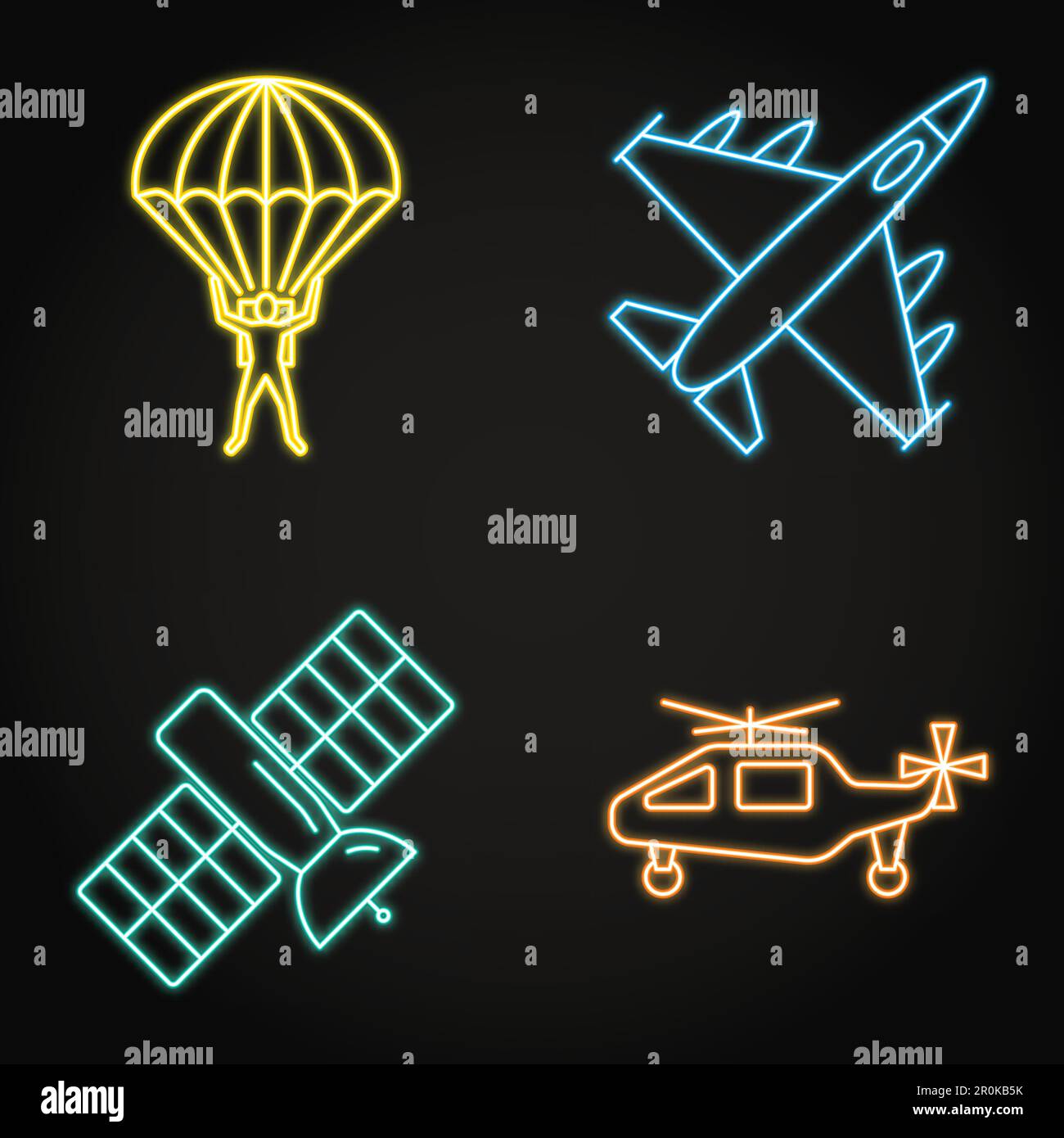Military air force neon icon set in line style. Aviation and satellite ...
