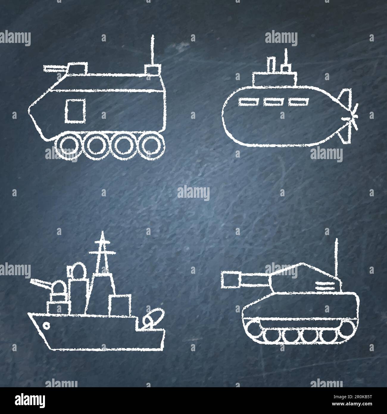 War machines icon set on chalkboard. Military transport and combat ...
