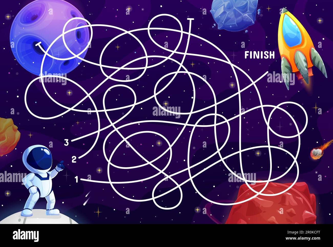 Cartoon space labyrinth maze. Galaxy planets and spaceship game puzzle ...