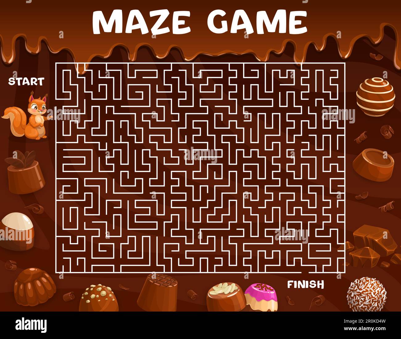 Labyrinth maze help to squirrel find a chocolate candy. Kids board game ...