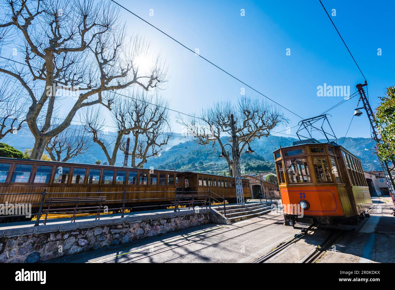 The ancient tram and the historical train to Palma in the railway ...