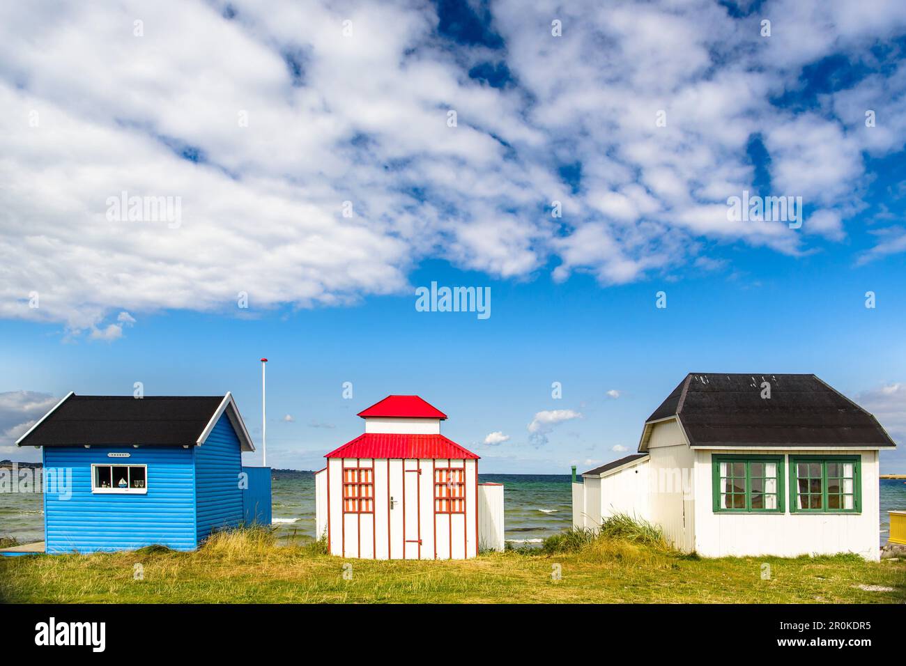 Beach huts on Vester Beach, Aeroskobing, Isle of Aero, Denmark Stock ...