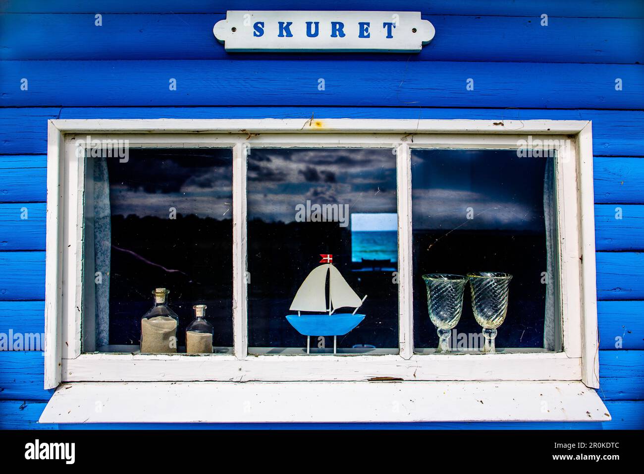 Hygge, window with ornaments, beach huts on Vester Beach, Aeroskobing ...