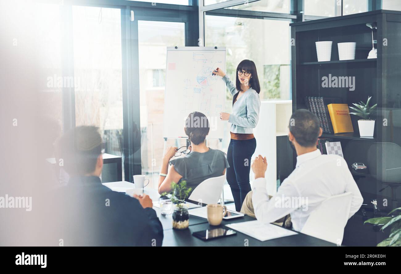 Presentation, business woman and leader talking to a team in an office ...