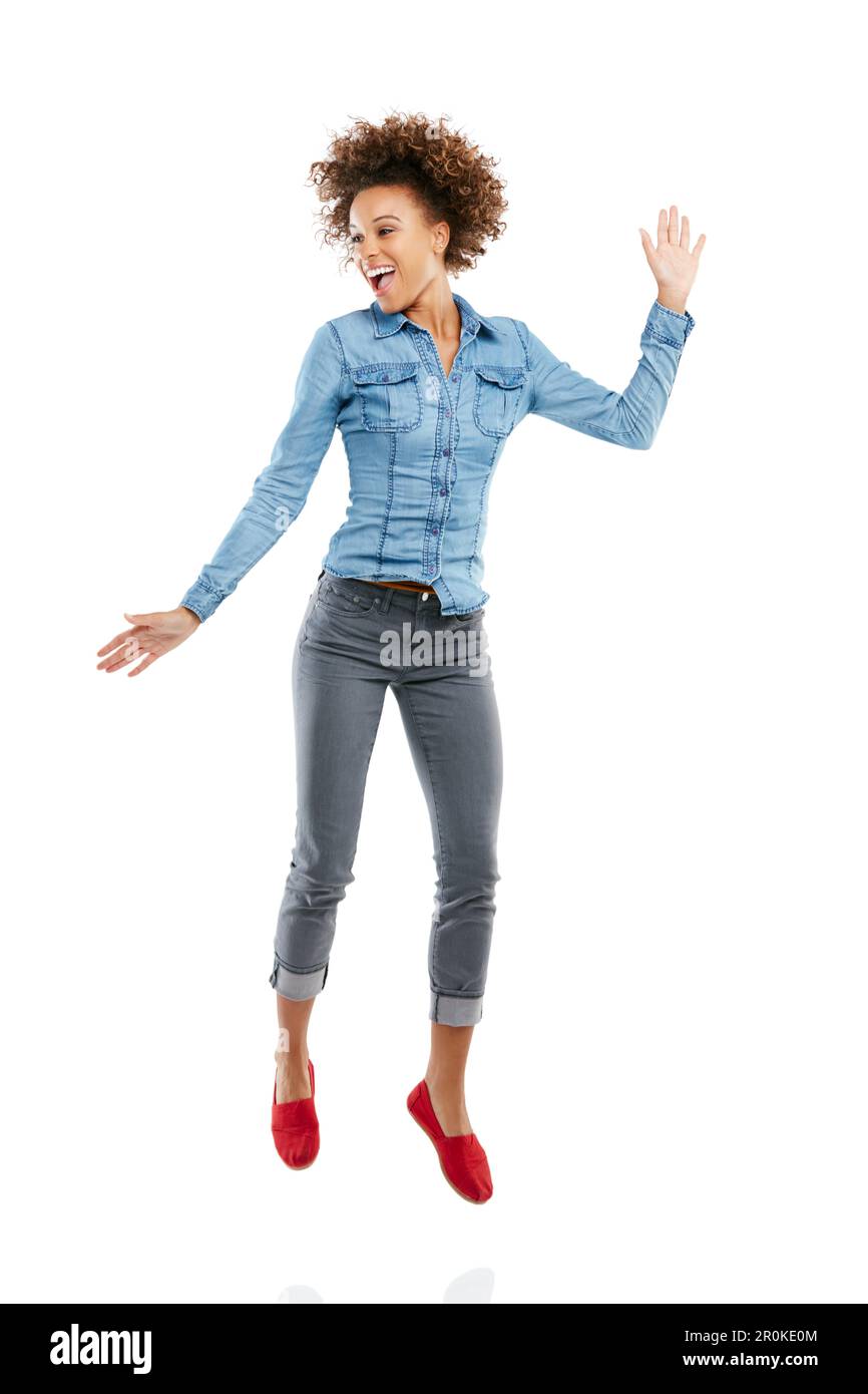 Dance, happy young black woman jumping and in white background. Energy ...