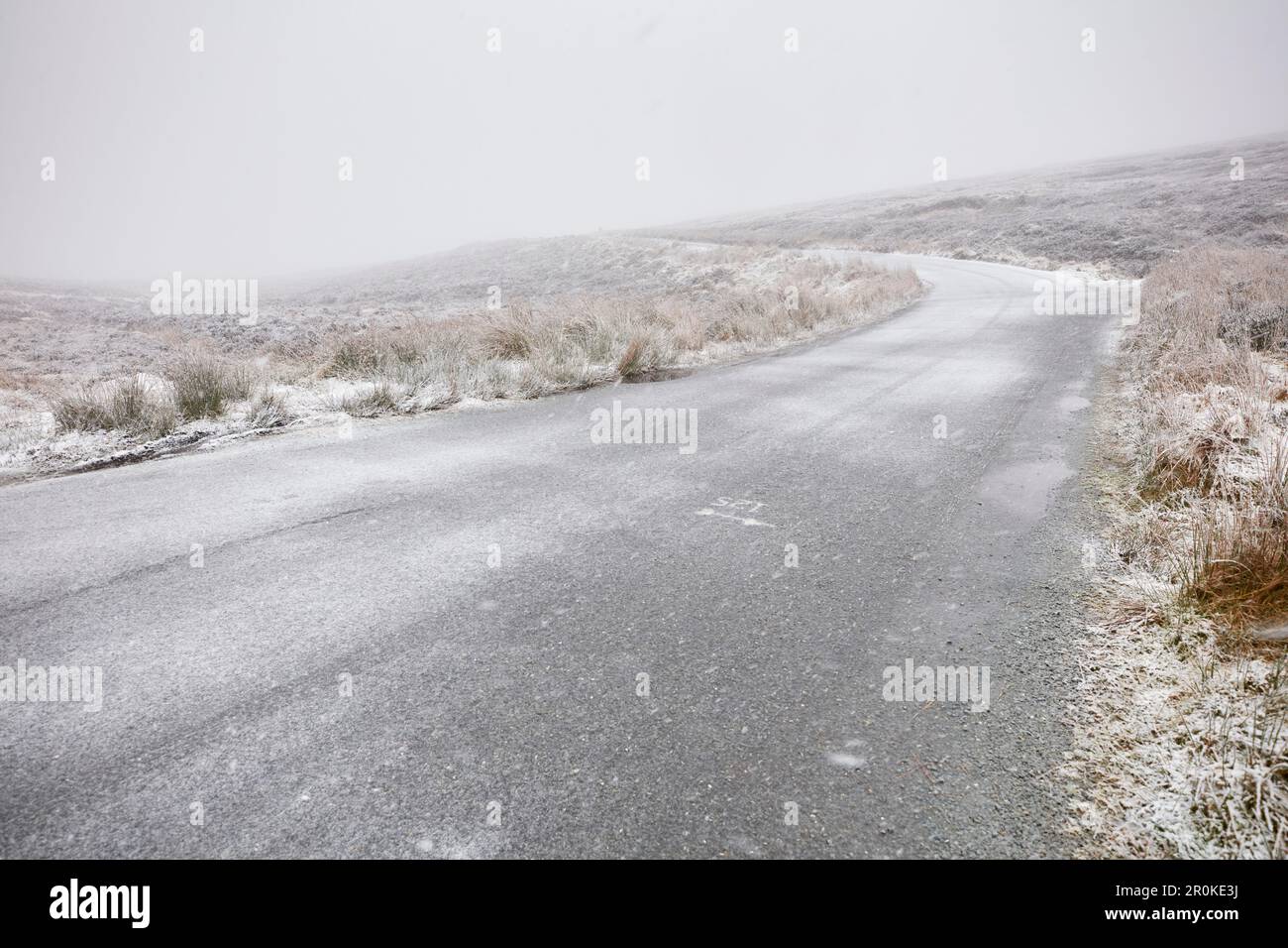 Light Snow on country road, Wicklow Mountains, County Wicklow, Ireland ...