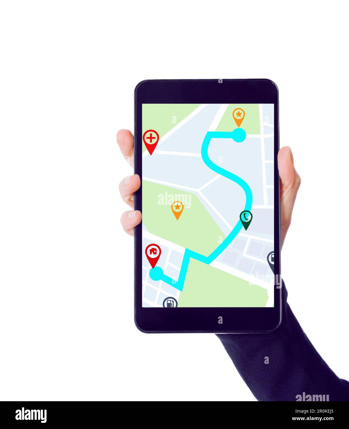 Hands with mobile app, screen or online location for city travel on ...