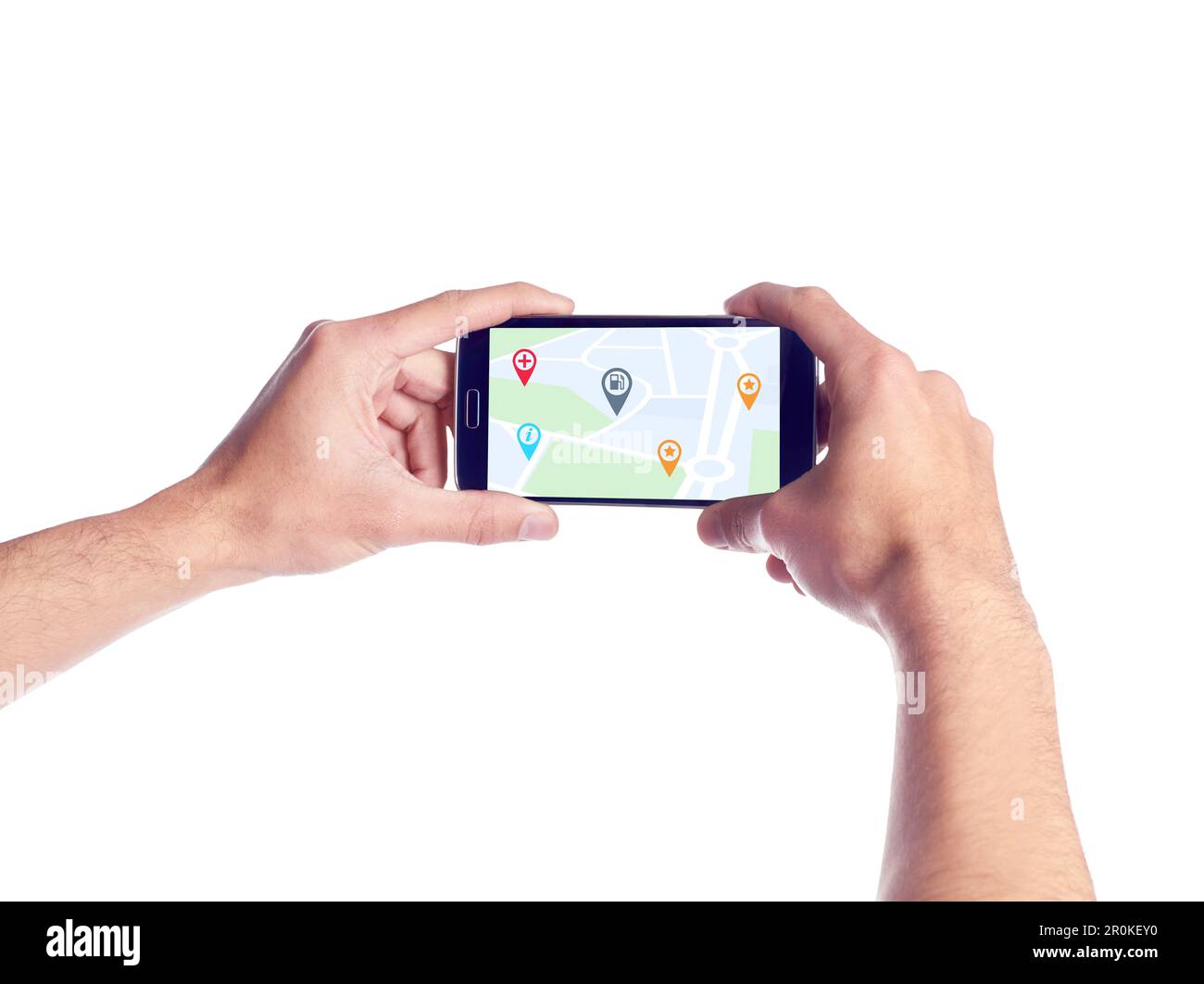 City, person with hands closeup with smartphone and location of digital ...