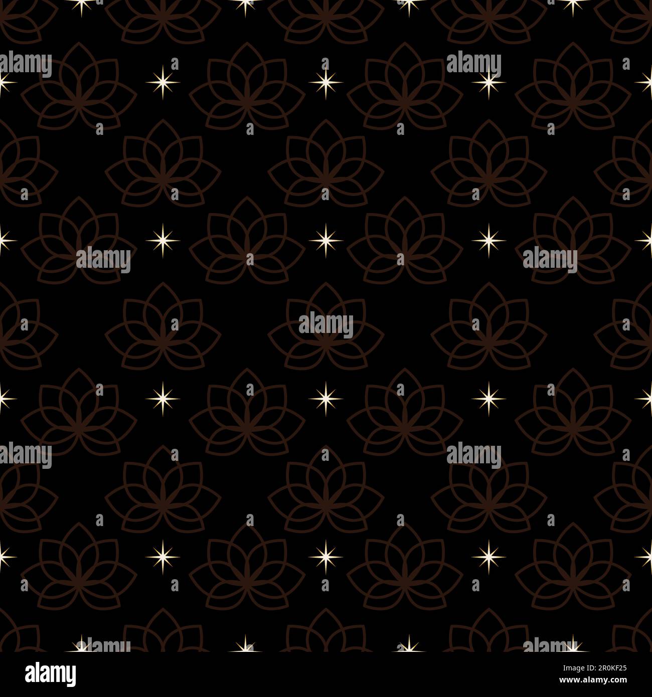 Lotus and golden stars seamless pattern on black background. Vector ...
