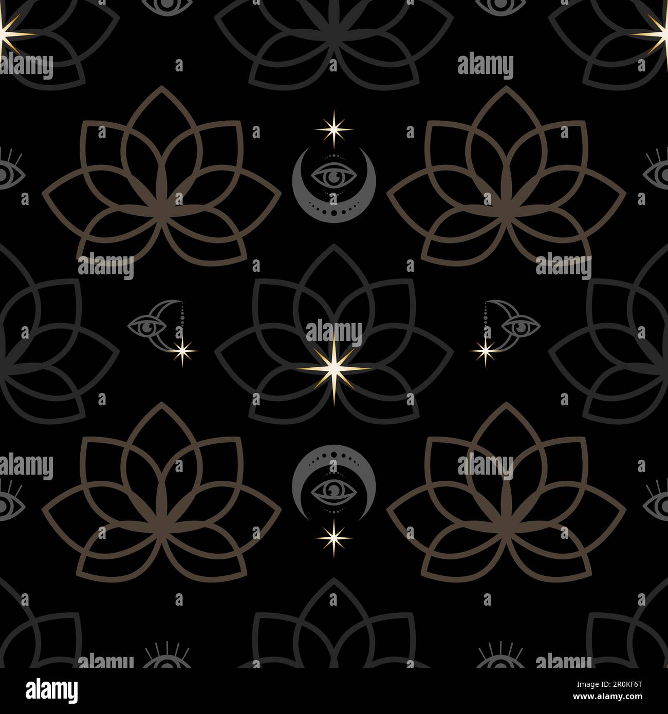Lotus flower and esoteric symbols moon golden stars seamless pattern on ...