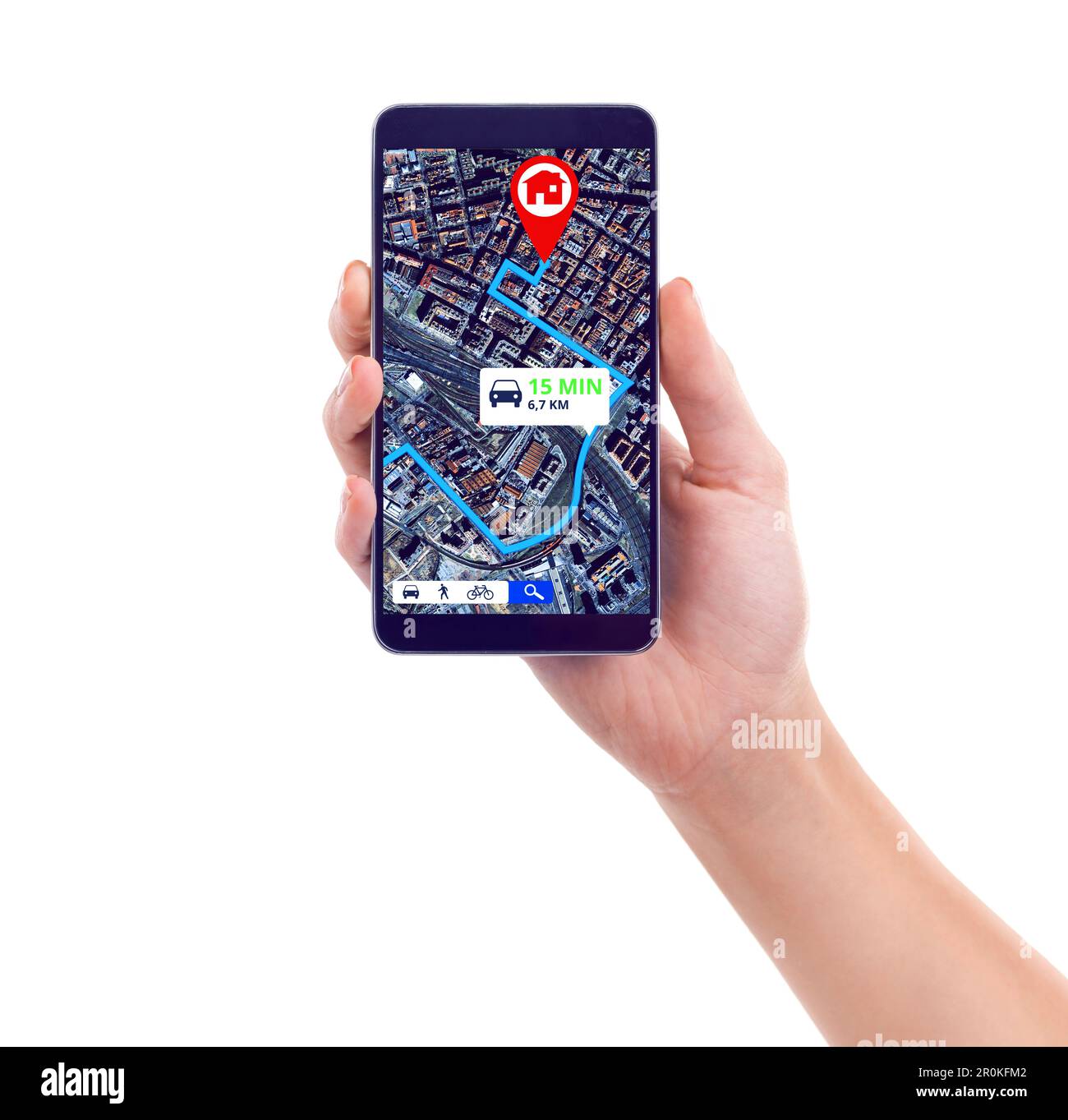 Map, hand of person holding smartphone and location showing on digital ...