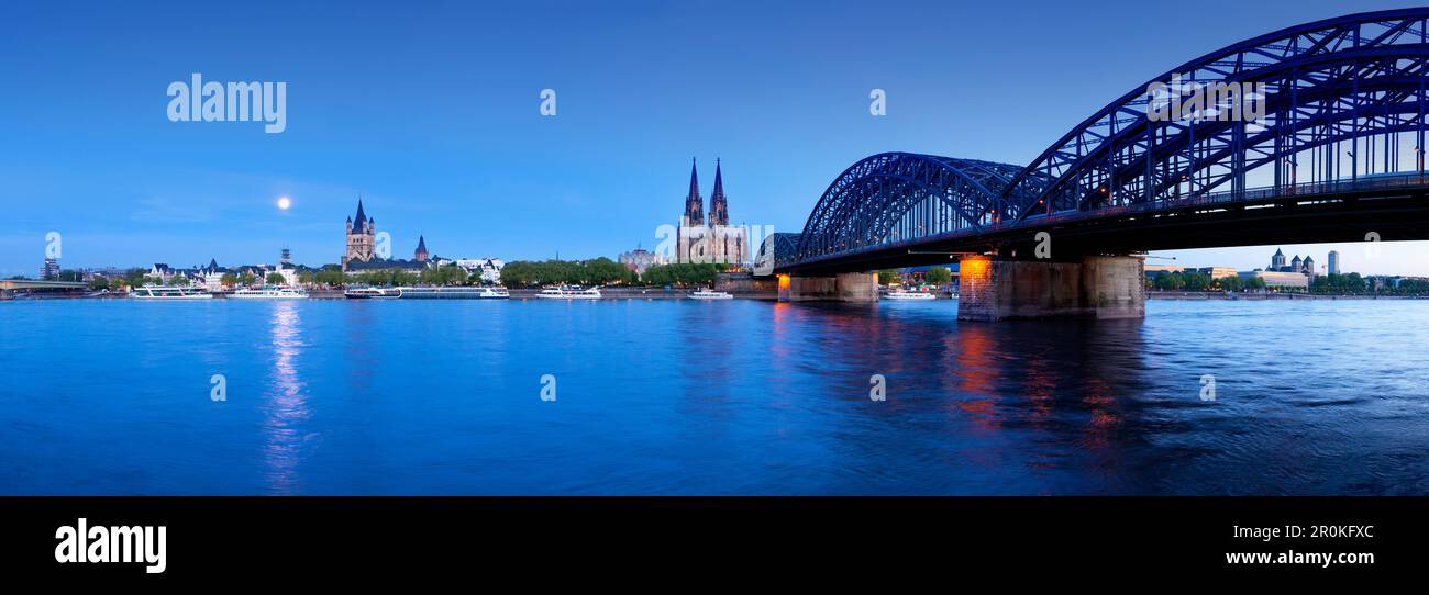 Full moon, panoramic view over the Rhine river to the Old town with ...