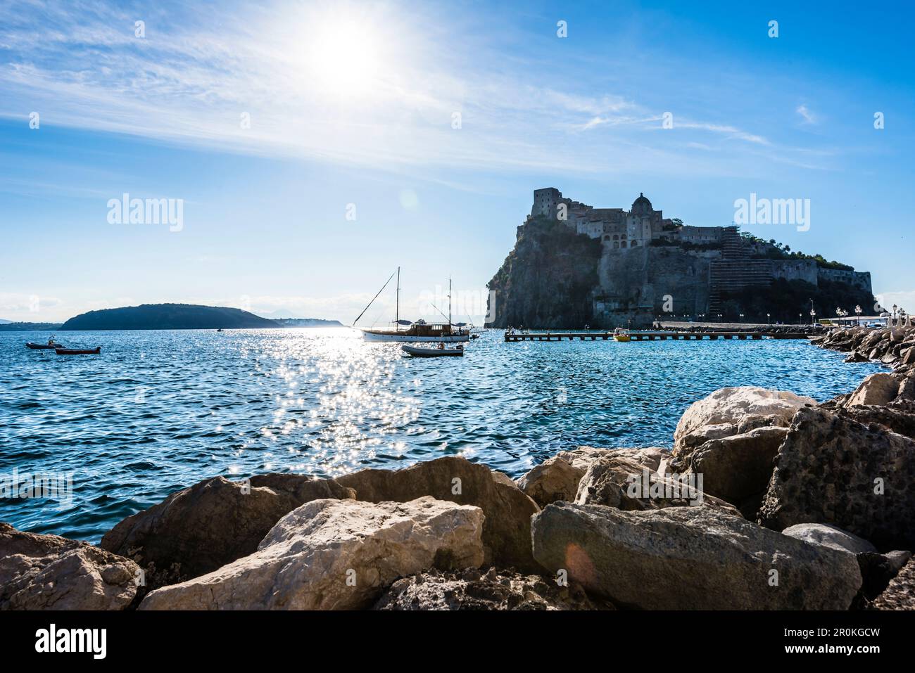 The fortress Castello Aragonese on a rock island in Ischia Ponte, Ischia, the Gulf of Naples ...