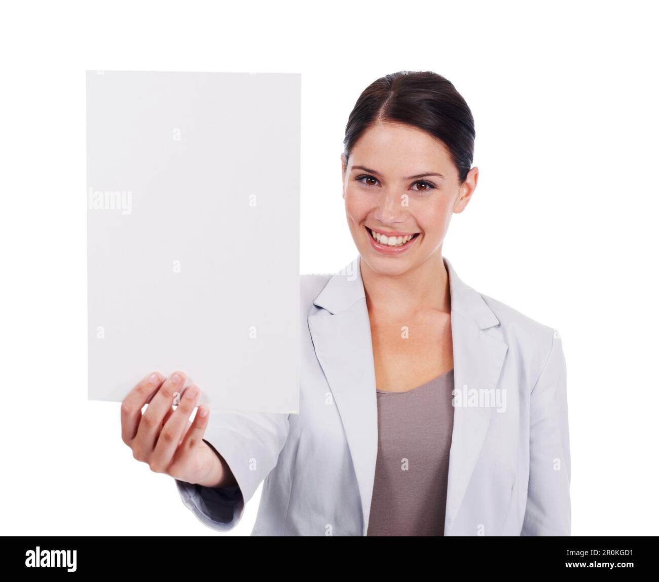Portrait, mockup and woman with a paper, career and employee isolated ...