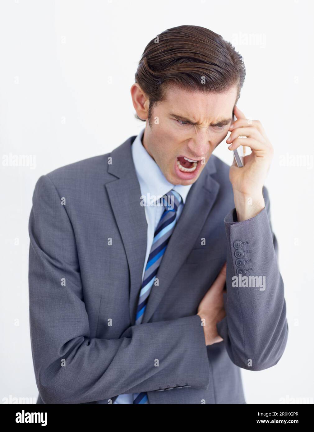 Phone call, fail and business man angry, annoyed and screaming in ...