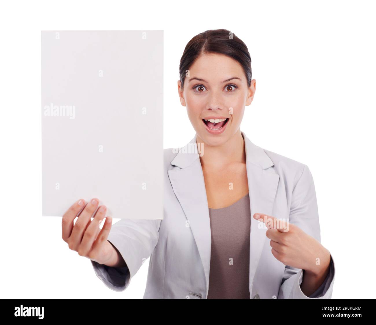 Portrait, mockup and woman with a paper, pointing and girl isolated ...