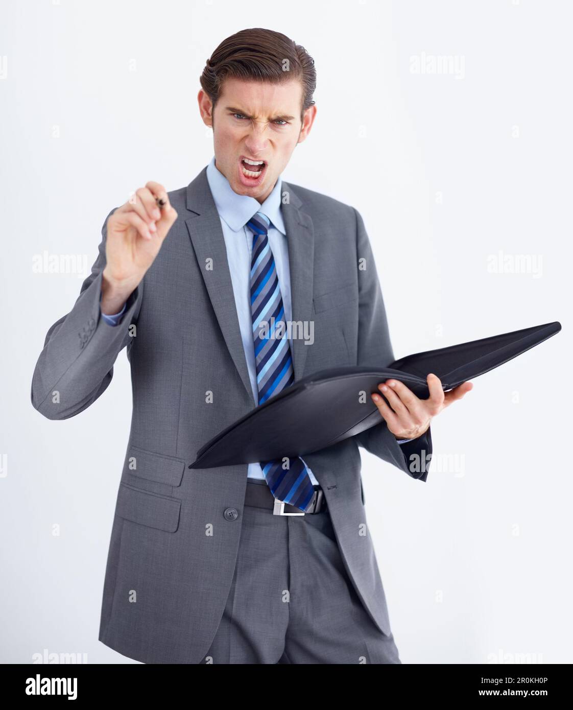 Portrait, HR and angry man with documents pointing in studio for ...