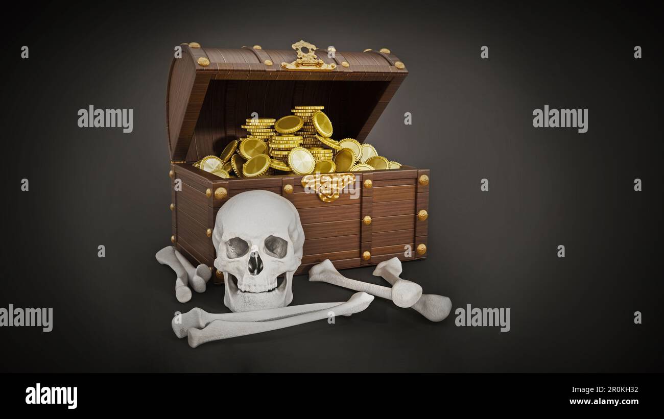 Chest full of gold, skull and bones. 3D illustration Stock Photo - Alamy
