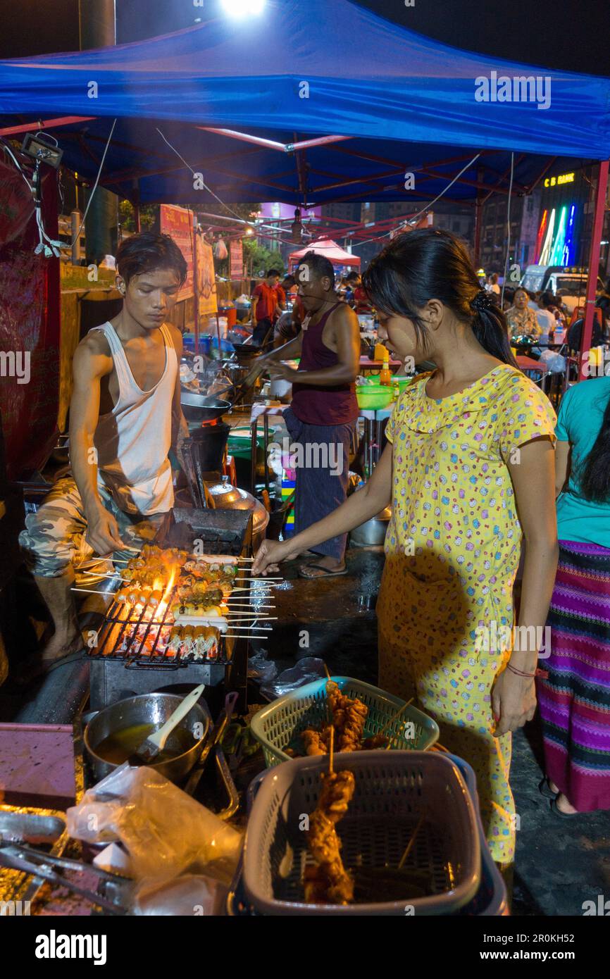Satay barbecue at night market along Strand Road, Yangon, Yangon, Myanmar Stock Photo - Alamy