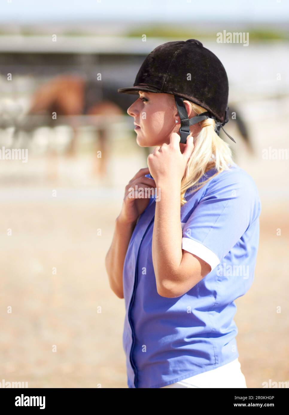 Woman prepare, horse jockey and helmet of young athlete on equestrian ...