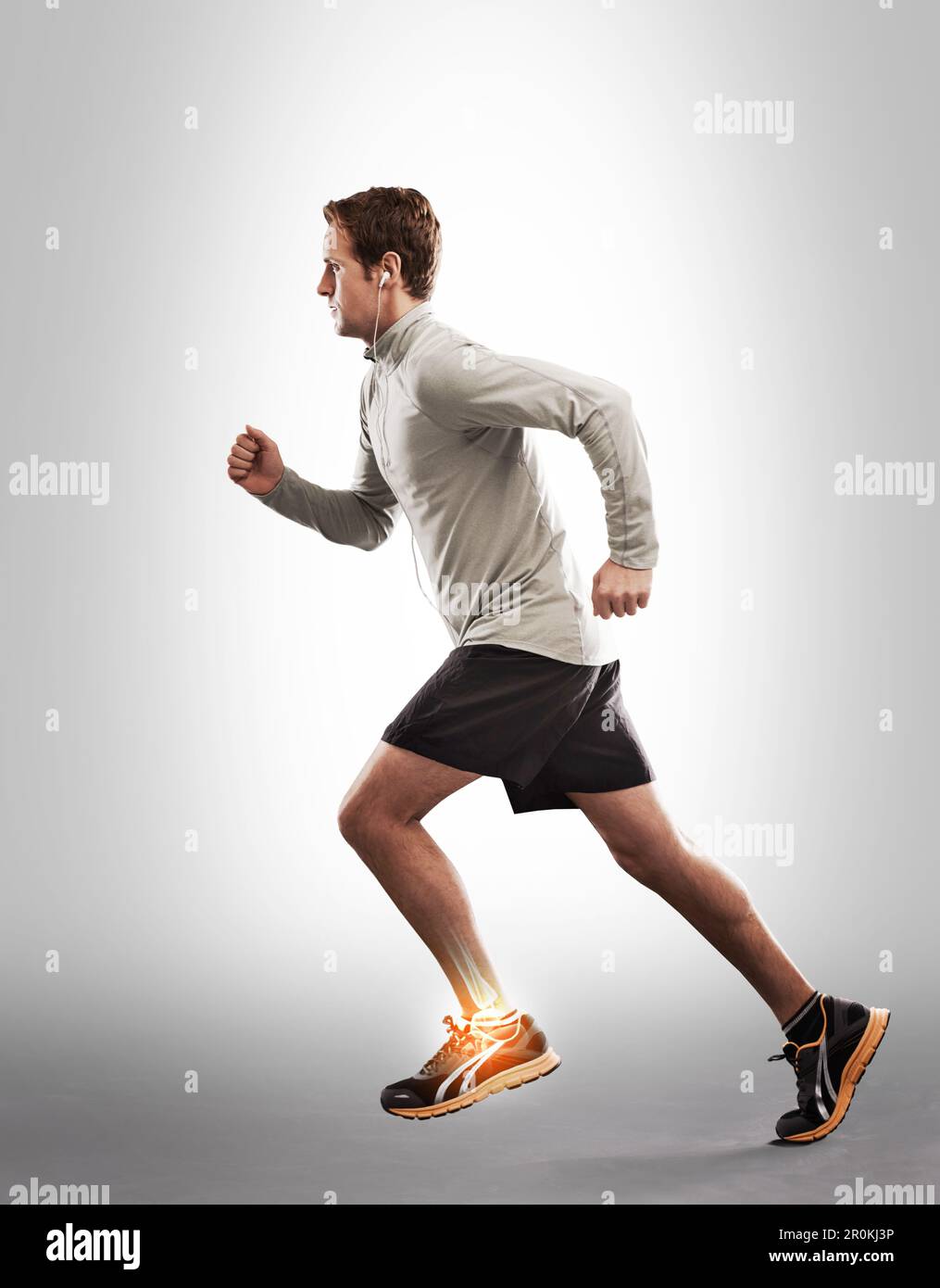 Man running, exercise and ankle pain with overlay, fitness injury and ...