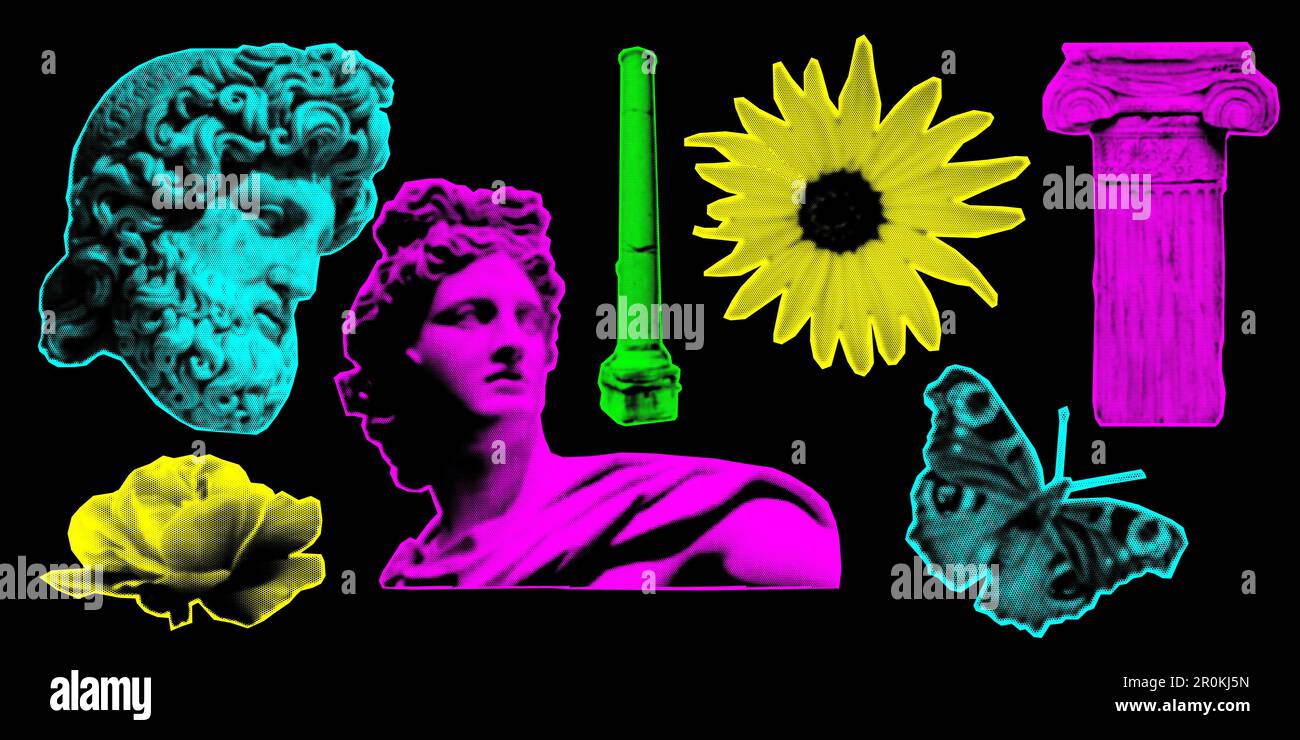 Halftone collage design elements in trendy magazine style. Statue, rose ...