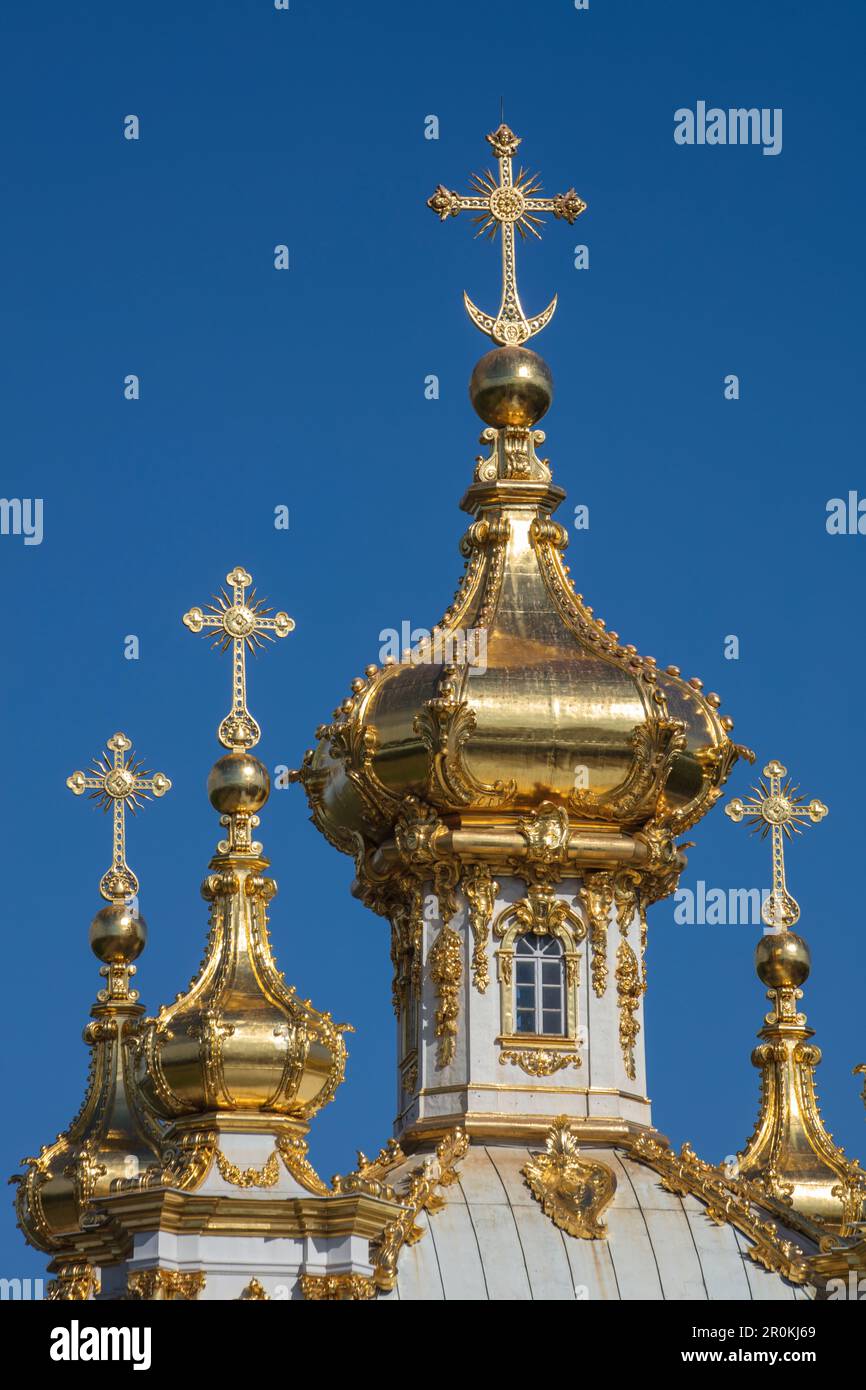 Golden spires of church at Peterhof Palace (Petrodvorets), St ...