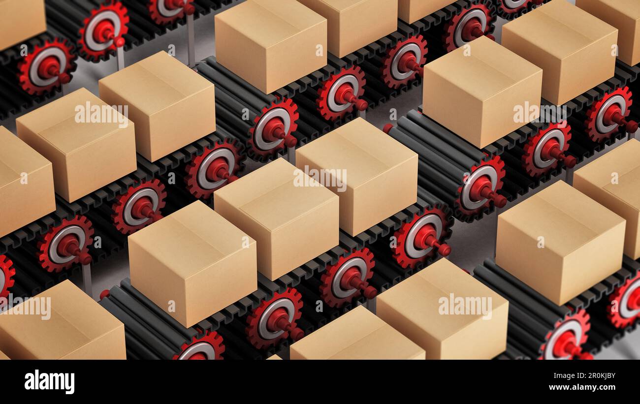 Carton boxes being transported on conveyor belts. 3D illustration Stock ...