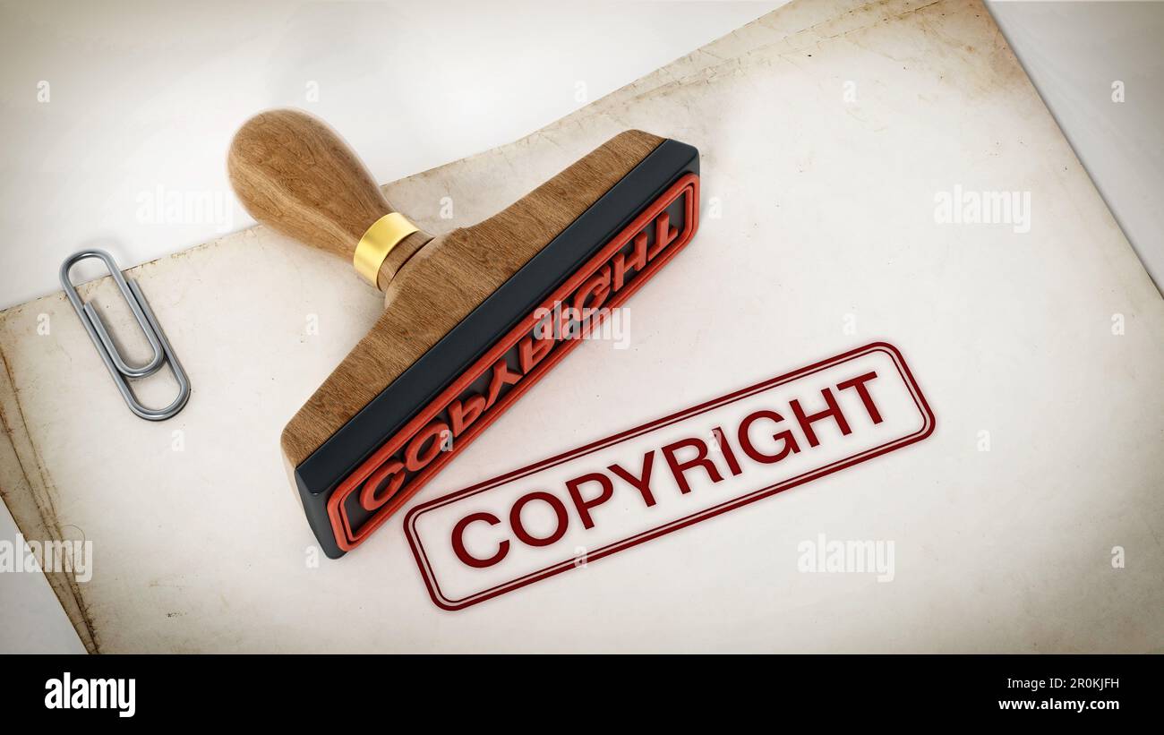 Copyright stamp standing on documents. 3D illustration Stock Photo - Alamy