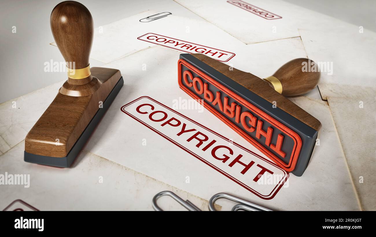 Copyright stamp standing on documents. 3D illustration Stock Photo - Alamy