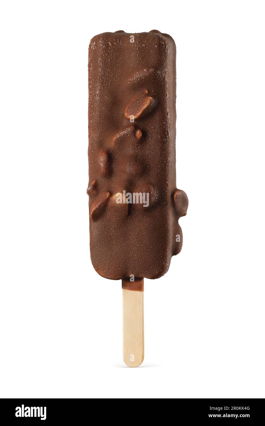Popsicle ice cream bar with chocolate coating and peanuts isolated on ...