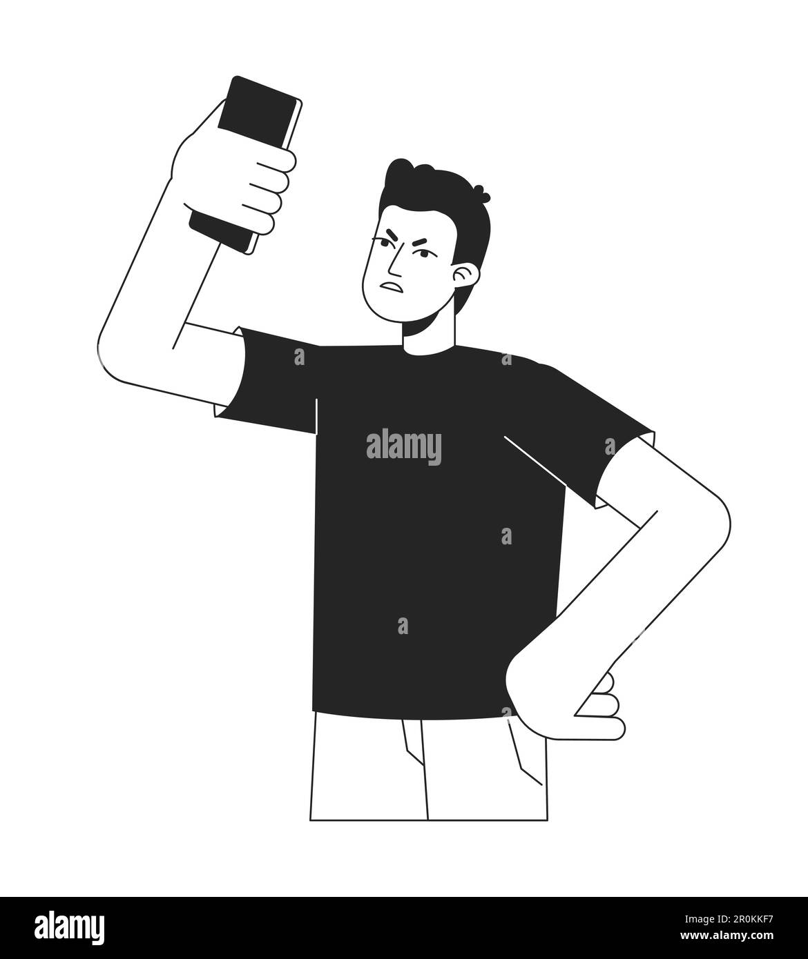 Annoyed man searching signal with phone bw vector spot illustration ...