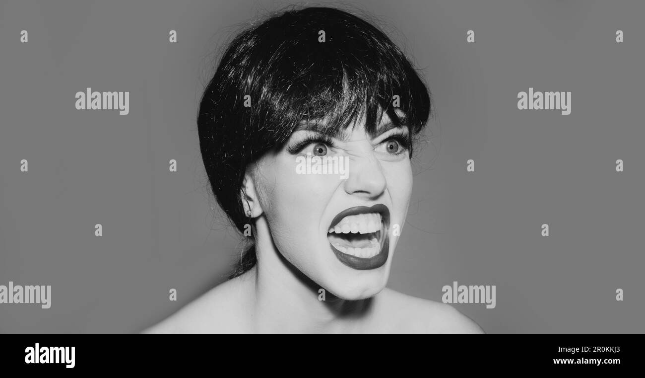 Mouth speech, woman screaming. Pretty girl shouting banner. Human ...