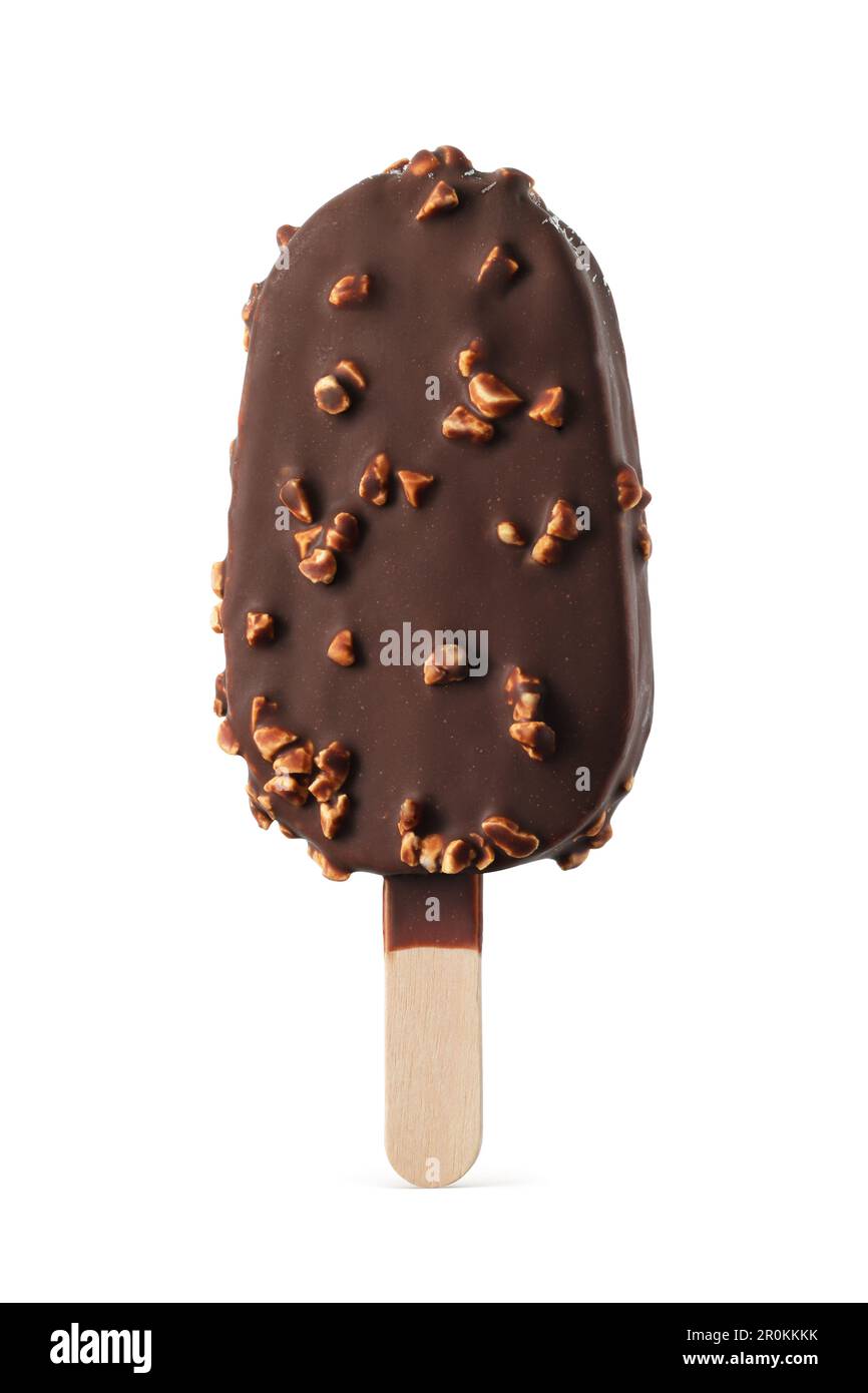 Chocolate popsicle ice cream bar with hazelnuts isolated on white ...