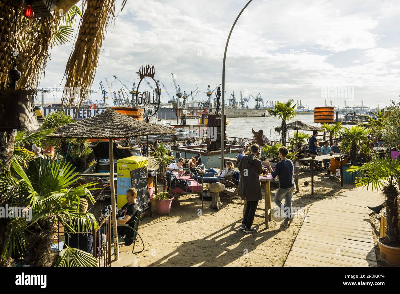 Beach Club Strand Pauli, at the jetties in the Port of Hamburg, St ...