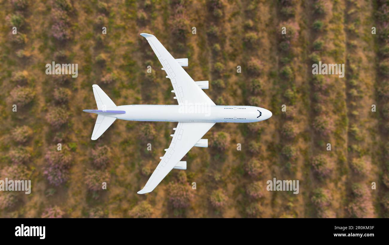 plane flies above the landscape. Side view of aircraft. Travel and ...